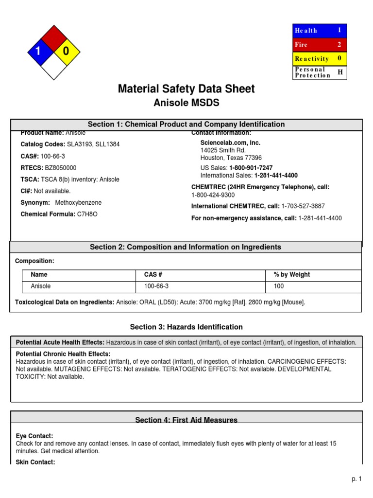 Anisole: Material Safety Data Sheet | PDF | Toxicity | Flammability