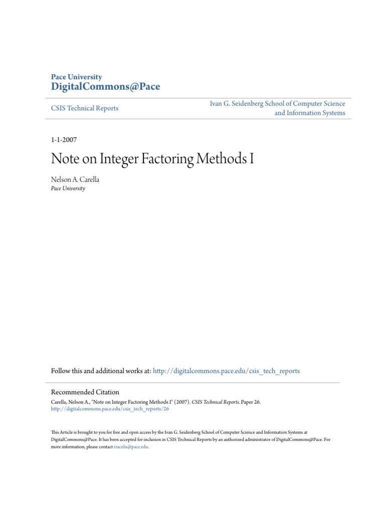 Note On Integer Factoring Methods I: Digitalcommons@Pace | PDF