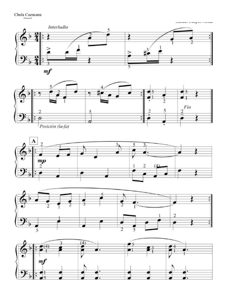 Partitura Chola Cuencana Piano Facil | PDF | Entretenimiento (general)