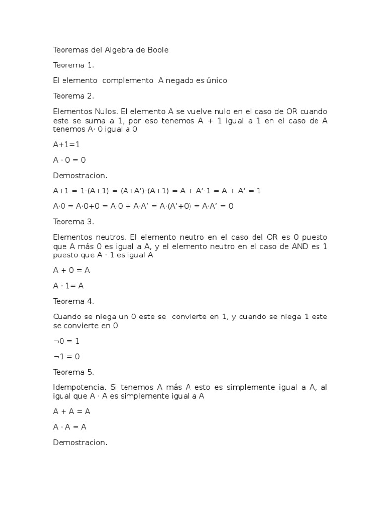 Teoremas Del Algebra de Boole | PDF | Multiplicación | Lógica matemática