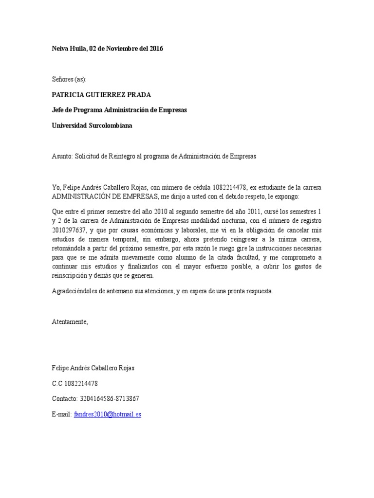 Carta de Solicitud de Reintegro A La Universidad | PDF