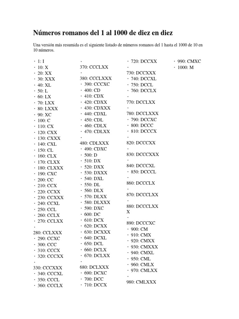 Números romanos del 1 al 1000 en 10s | PDF