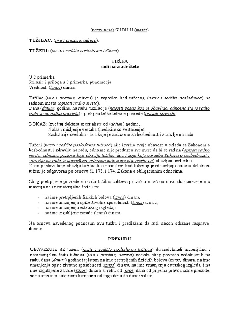 Tužba Radi Naknade Štete | PDF