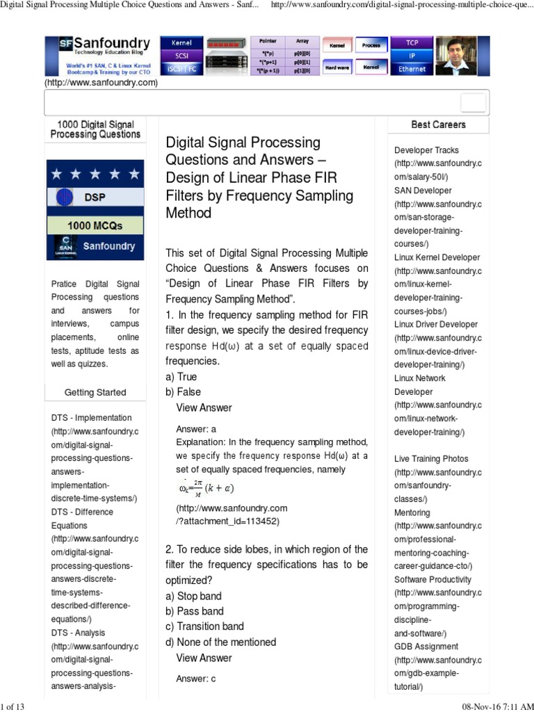 Digital Signal Processing Multiple Choice Questions and Answers - Sanfoundry | PDF | Digital ...
