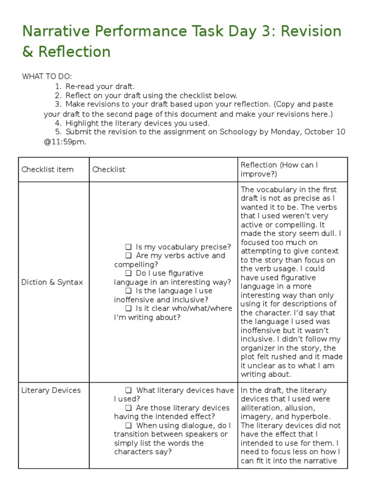 Narrativeperformancetaskday 3 Revisionreflection | PDF | Narrative