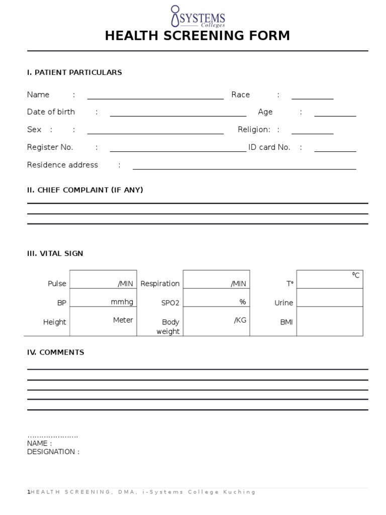 Health Screening Form: I. Patient Particulars | PDF