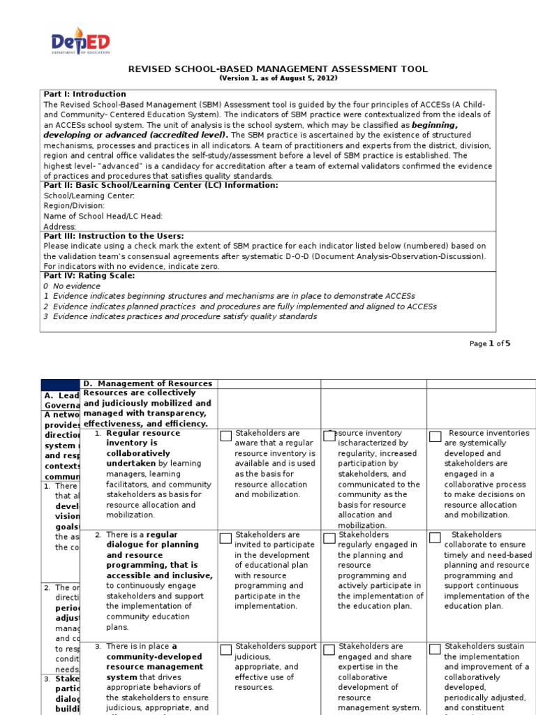 Revised SBM Assessment Tool | PDF | Educational Assessment | Governance
