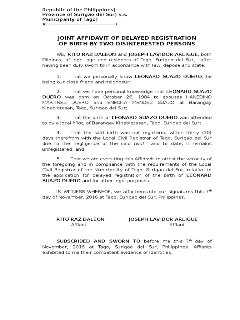 Joint Affidavit of Delayed Registration of Birth | PDF | Affidavit | Evidence