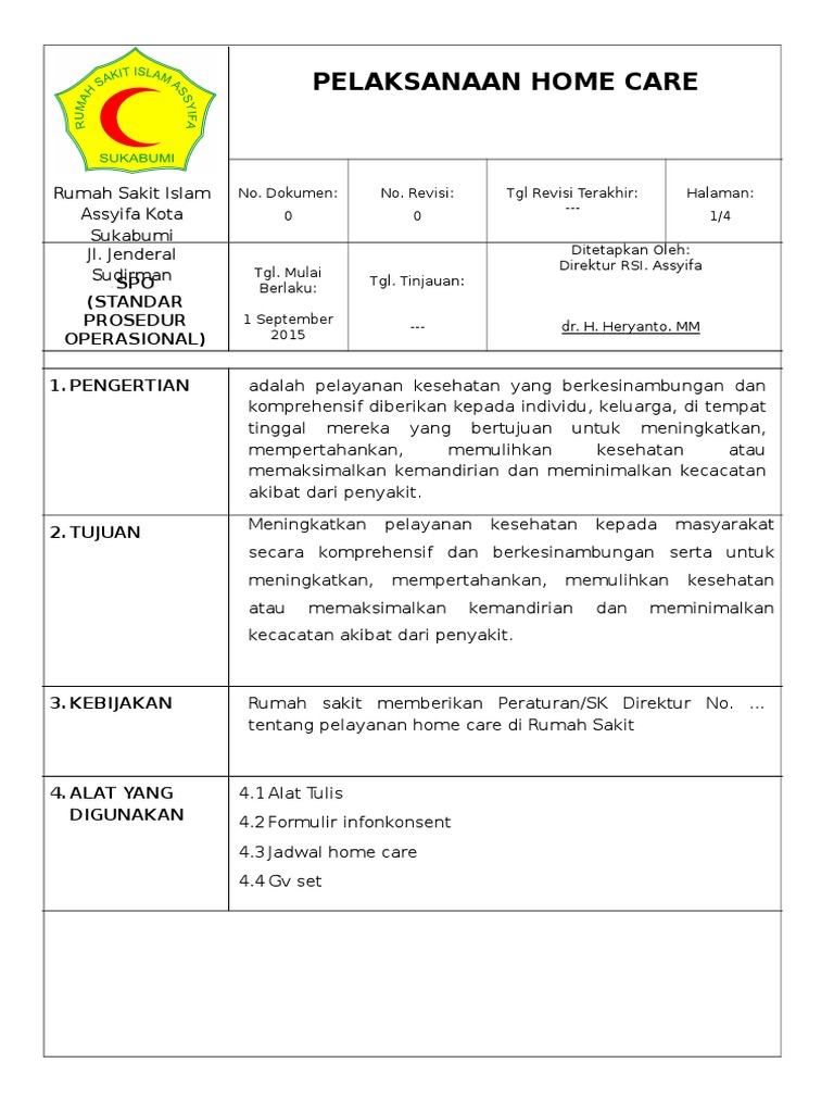 SOP Pelayanan Home Care RSI Assyifa | PDF