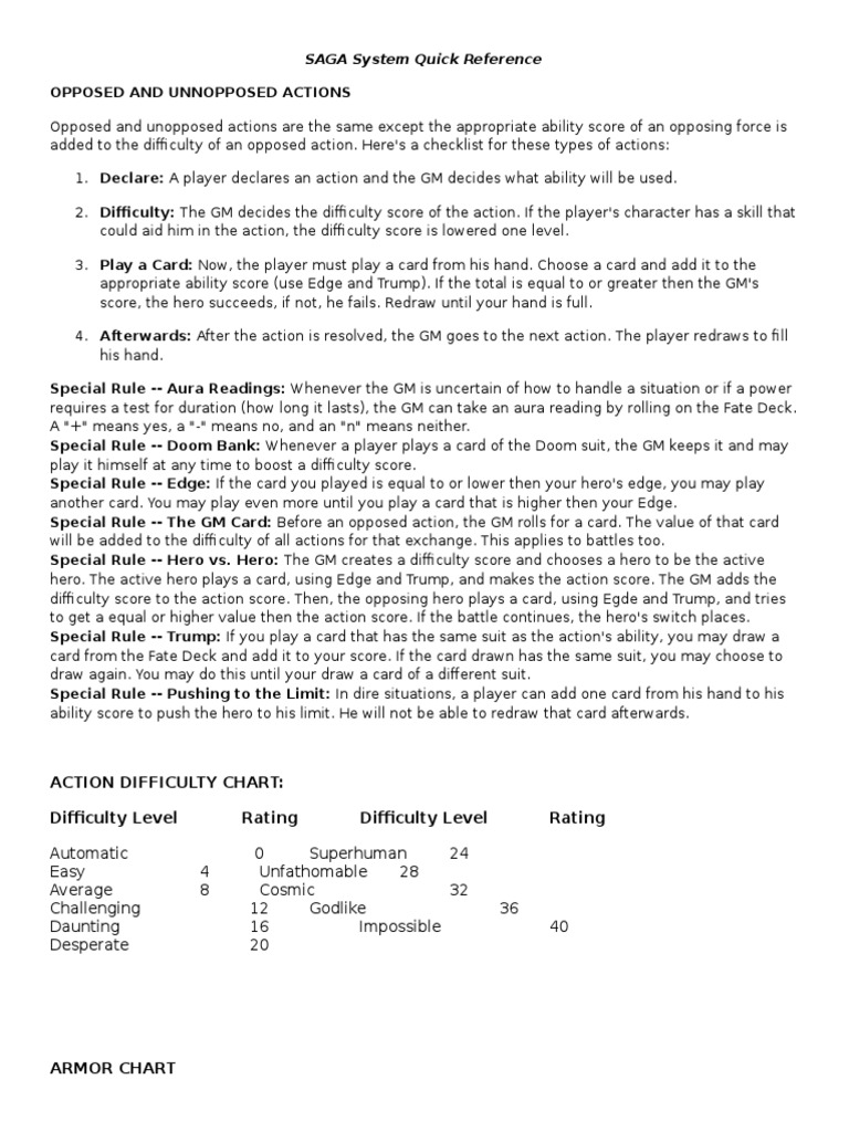 SAGA System Quick Reference | PDF | Hero | Self Control