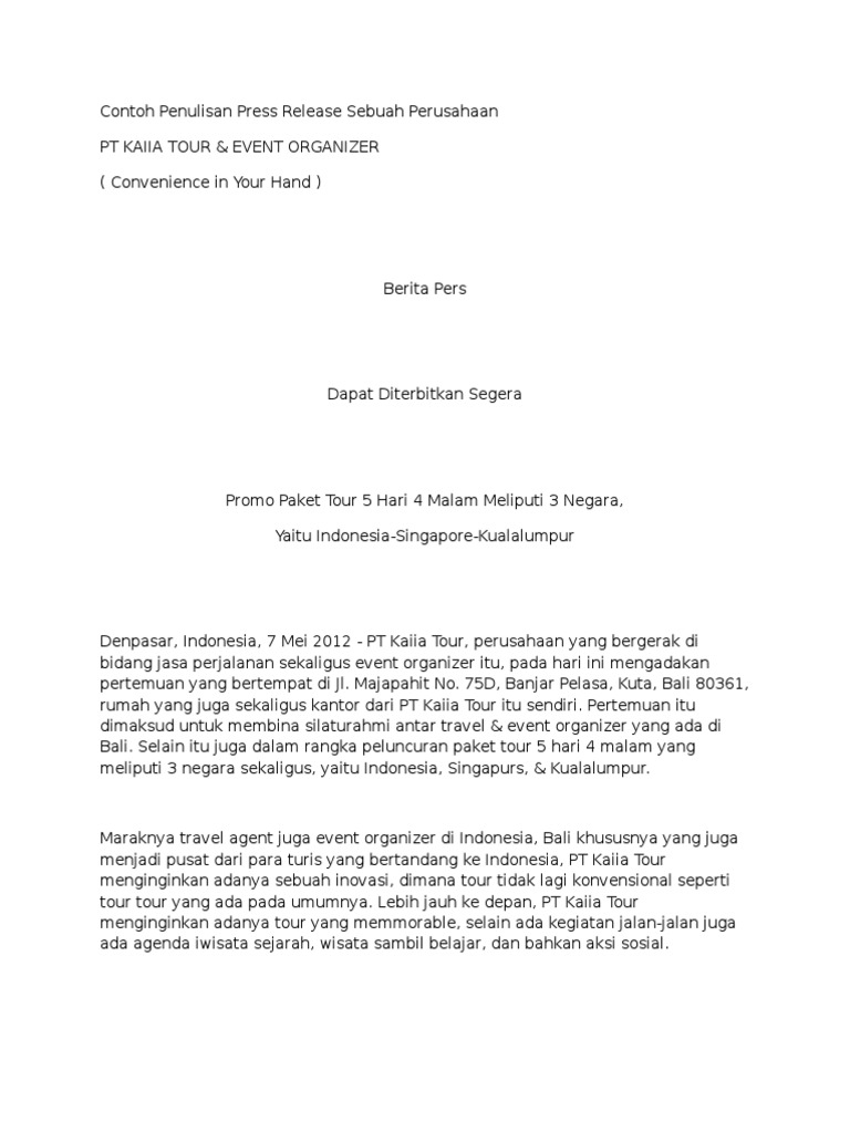 Contoh Penulisan Press Release Sebuah Perusahaan | PDF