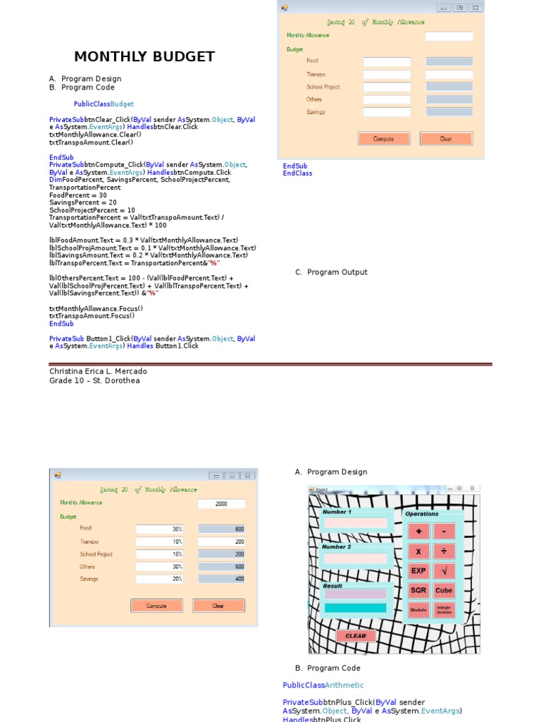 Monthly Budget: A. Program Design B. Program Code | PDF | Computer Programming | Areas Of ...