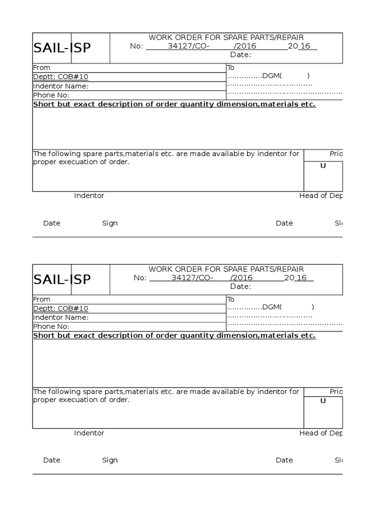 Sail-Isp: Work Order For Spare Parts/Repair No: 34127/co-/2016 20 16 ...