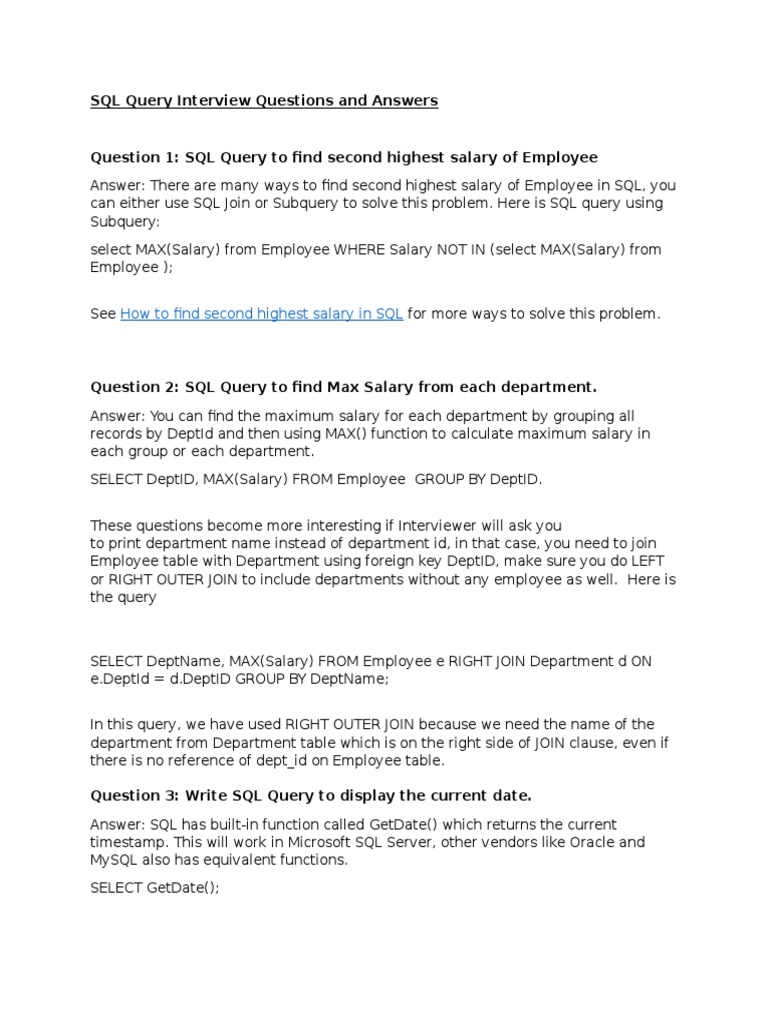 SQL Query Interview Questions and Answers | PDF | Sql | Data Management ...