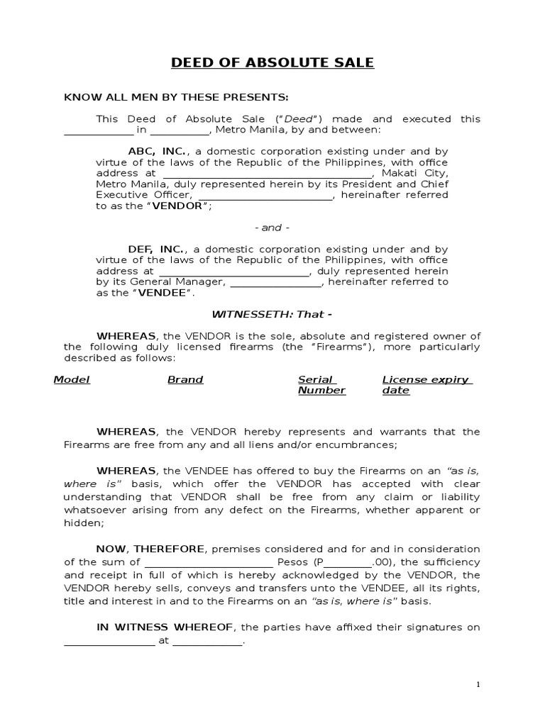 Deed of Sale (Guns) - Sample | PDF | Deed | Justice