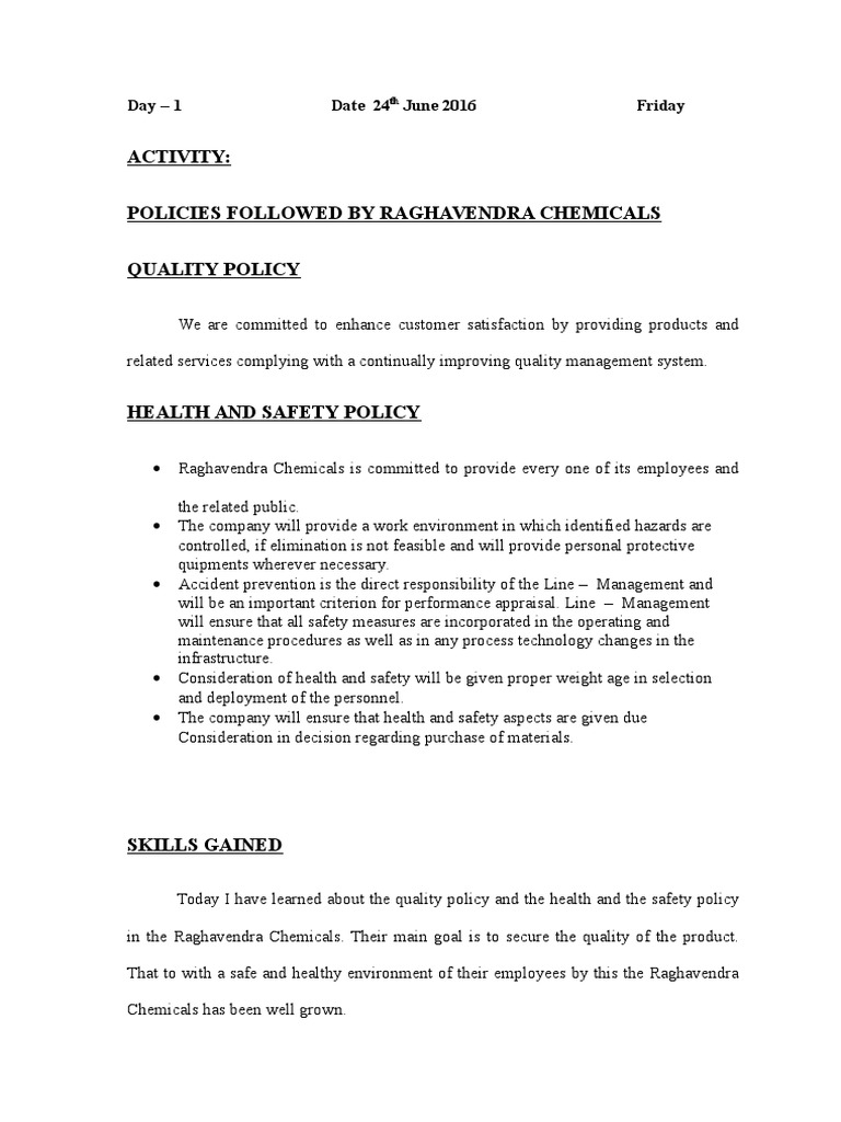 Activity: Policies Followed by Raghavendra Chemicals Quality Policy ...
