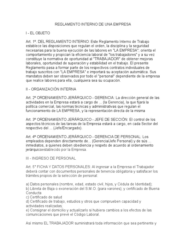 Reglamento Interno de Una Empresa | PDF | Derecho laboral | Regulación