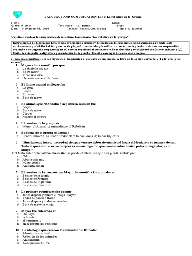 COMPRENSION LECTORA DE Rebelion en La Granja | PDF | Animales y humanos