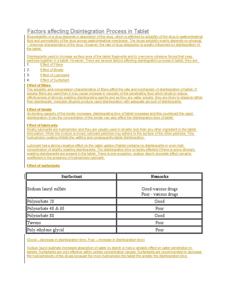 Factors Affecting Disintegration Process in Tablet | Tablet (Pharmacy ...