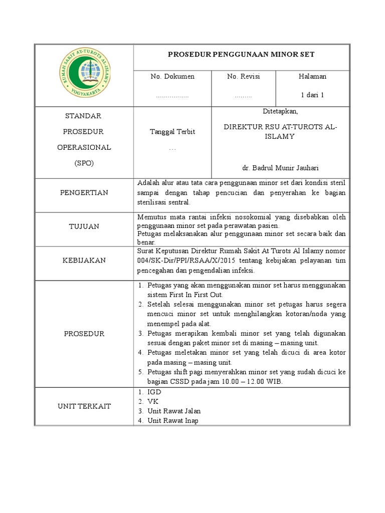 Prosedur Penggunaan Minor Set (CSSD) | PDF