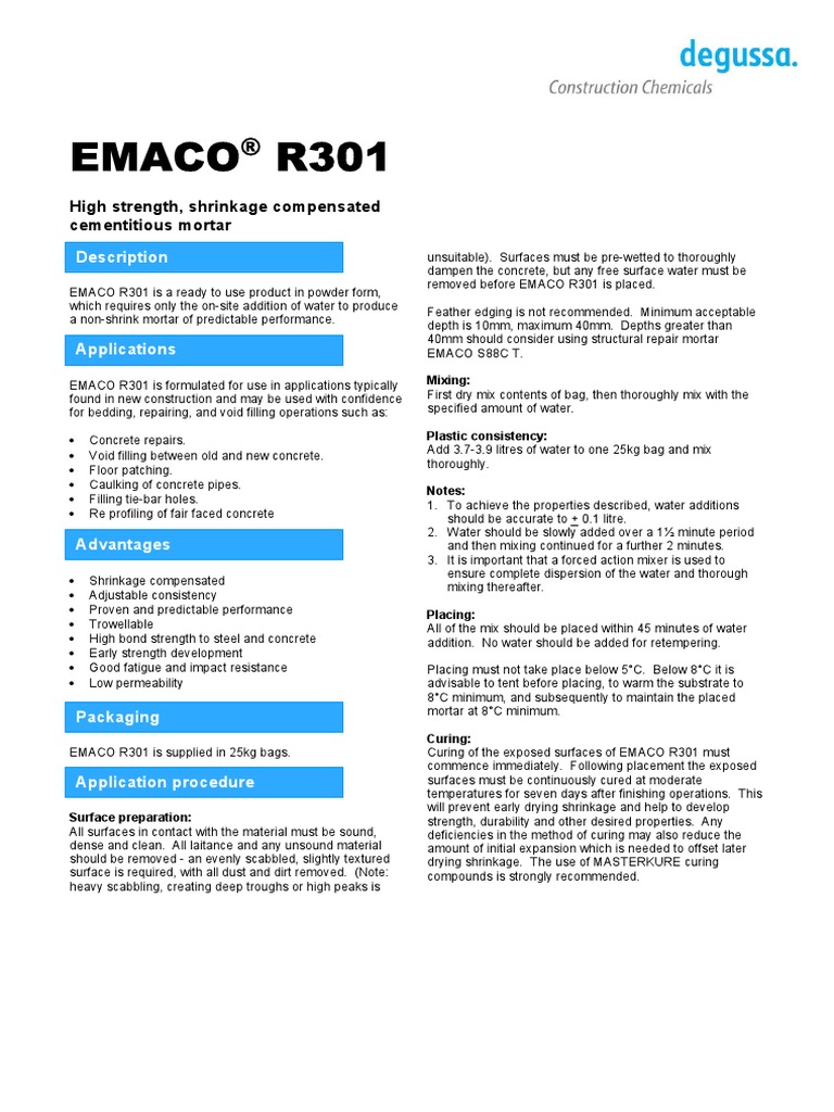 Tds - Emaco r301 | PDF | Mortar (Masonry) | Concrete
