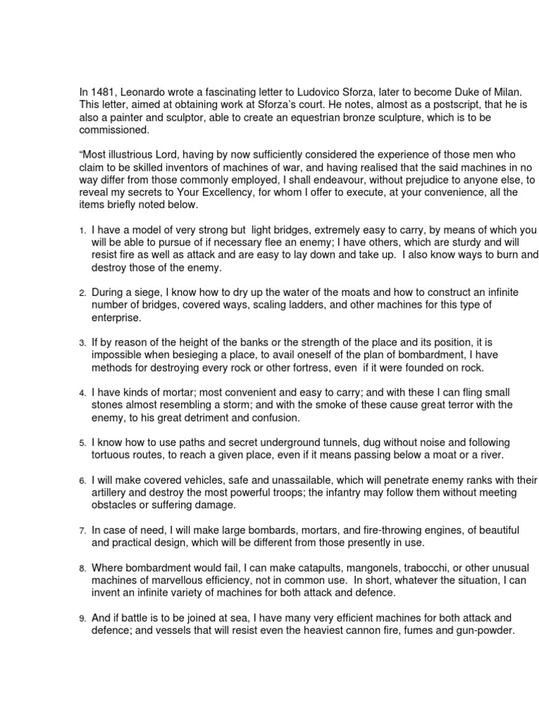 Leonardos Letter to Sforza (Duke of Milan) | Leonardo Da Vinci | Siege