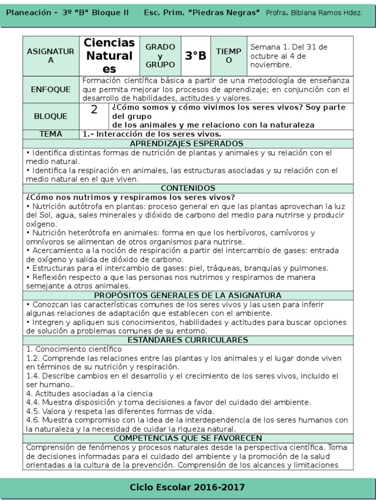 Plan 3er Grado - Bloque 2 Ciencias Naturales (2016-2017) | PDF ...
