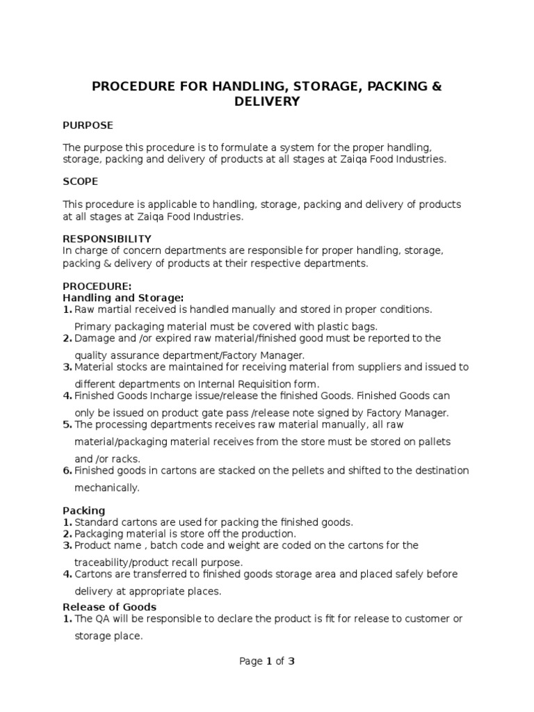 Proper Handling, Storage, Packing, and Delivery Procedures for Products ...
