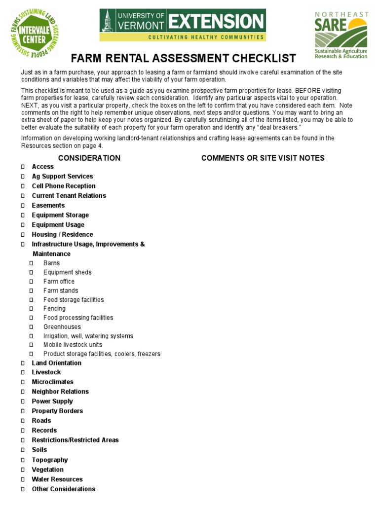 Farm Rental Assessment Checklist: Consideration Comments or Site Visit ...