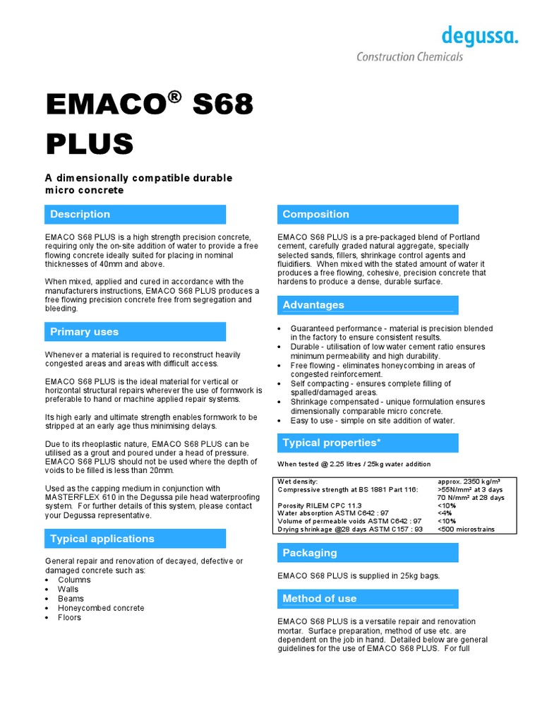 TDS - Emaco S68 Plus | PDF | Casting (Metalworking) | Concrete