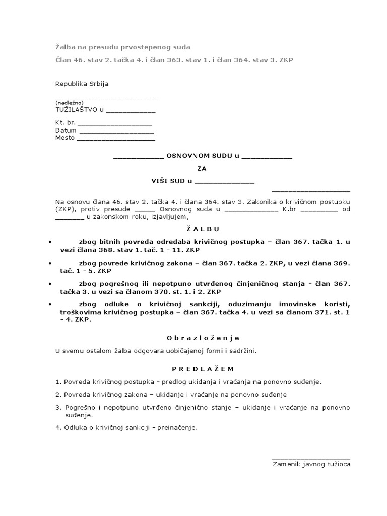 Žalba Na Presudu Prvostepenog Suda | PDF