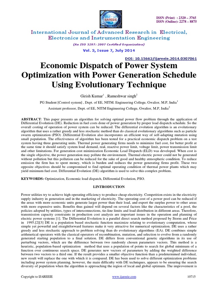 Economic Dispatch of Power System Optimization With Power Generation Schedule Using Evolutionary ...