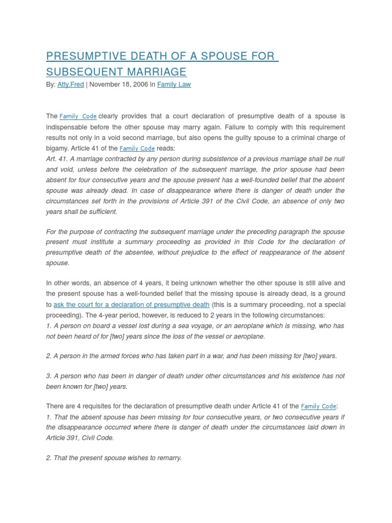 Presumptive Death of A Spouse For Subsequent Marriage | PDF | Annulment ...