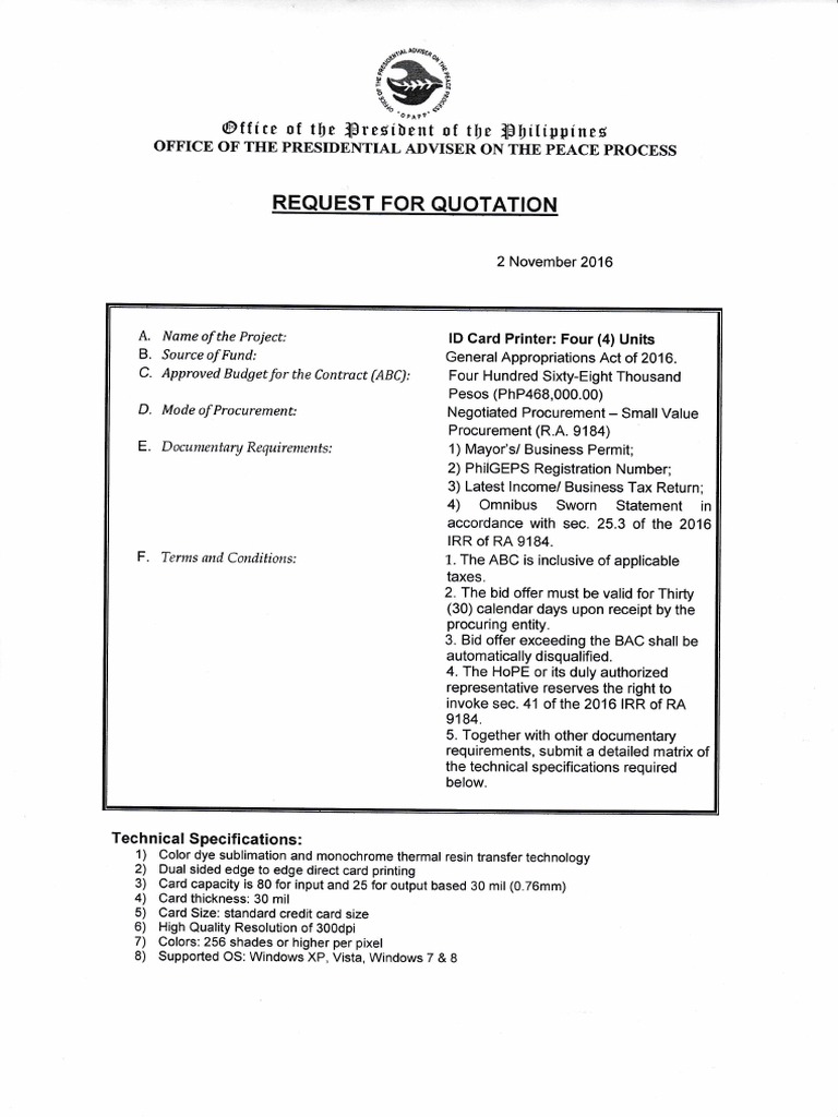 Request For Quotation: 4 Units ID Card Printer | PDF | Printer ...