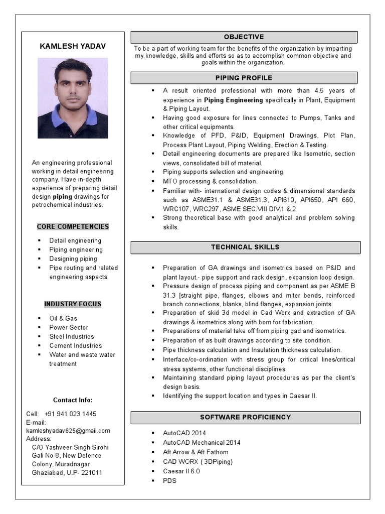 CV-Kamlesh-Piping Layout Engineer-4.0 Yrs. Exp. | PDF | Pipe (Fluid ...