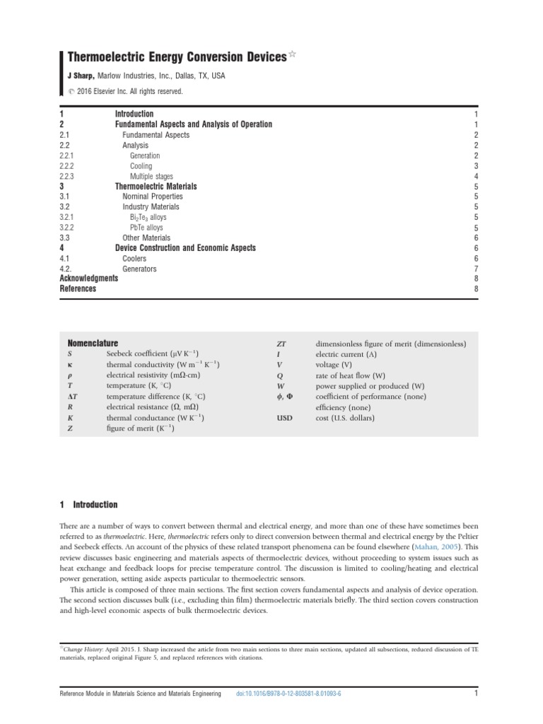 Thermoelectric Energy Conversion Devices R 2016 Elsevier Inc All