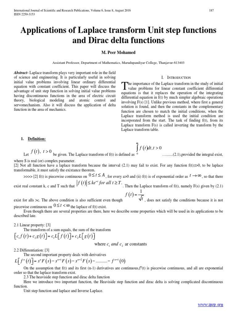 Applications of Laplace Transform Unit Step Functions and Dirac Delta ... Applications of Laplace Transform Unit Step Functions and Dirac Delta ...