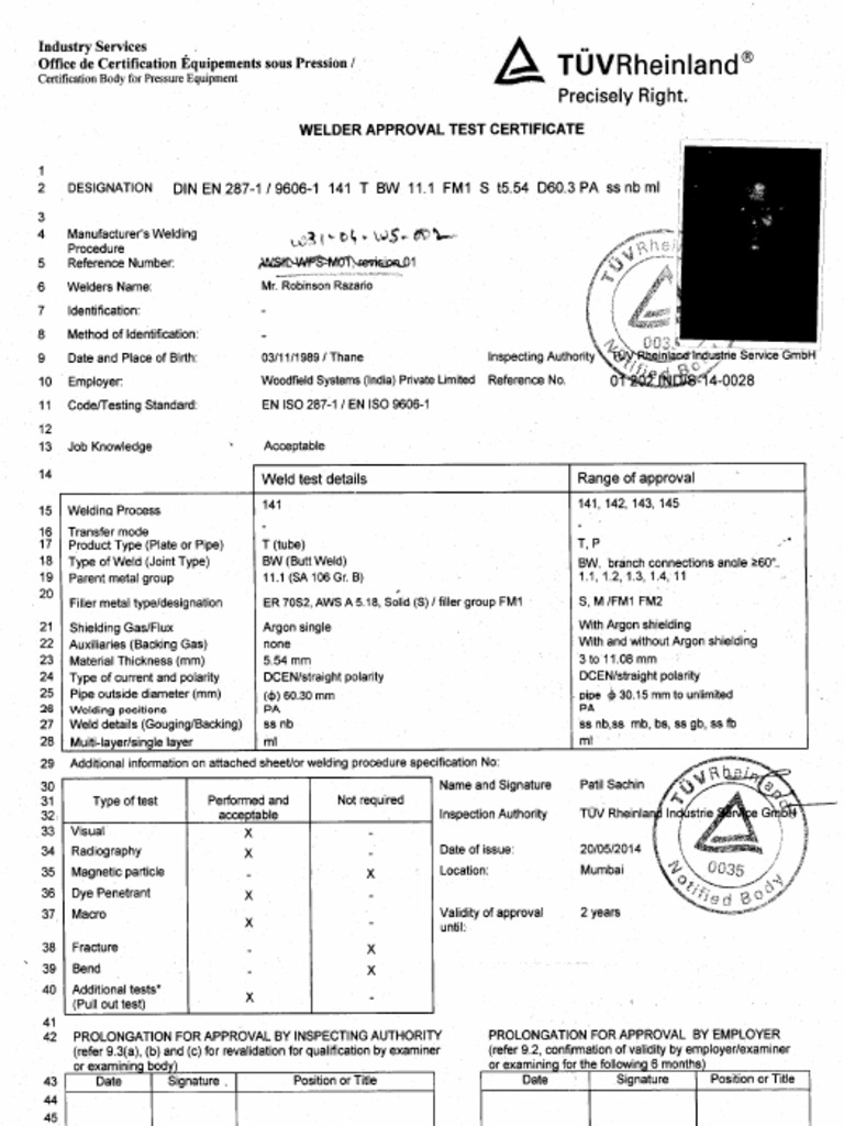 TUV Welder Approval Test Certificate | PDF