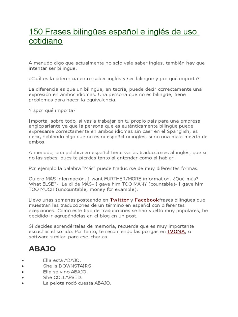 150 Frases Bilingües Español e Inglés de Uso Cotidiano | PDF