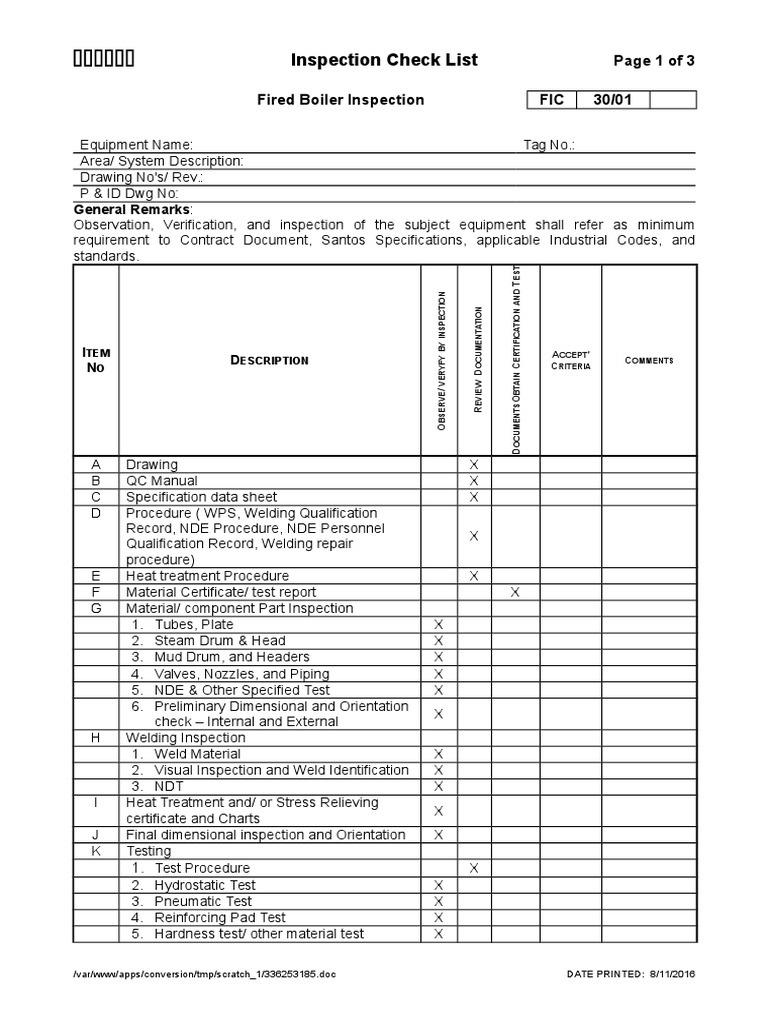Inspection Check List: Page 1 of 3 Fired Boiler Inspection FIC 30/01 ...