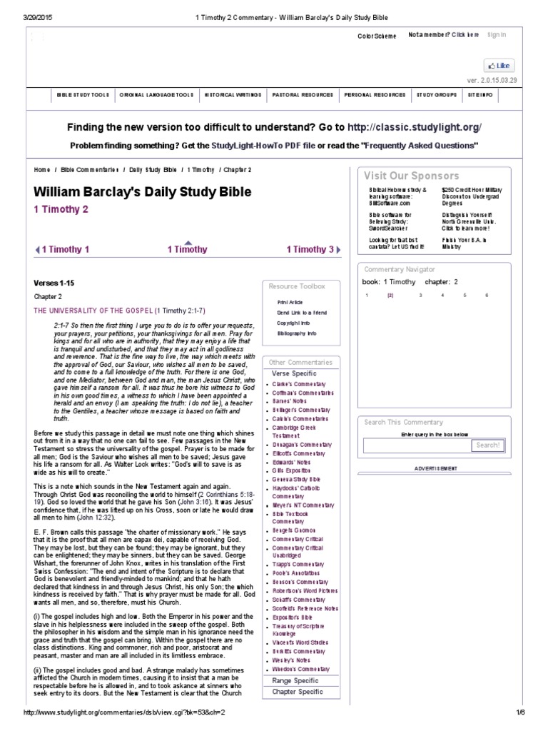 1 Timothy 2 Commentary - William Barclay's Daily Study Bible | Download ...