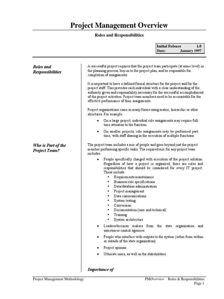 Project Management Overview: Roles and Responsibilities | PDF | Quality ...