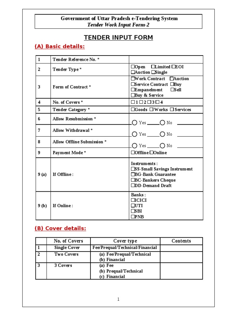 Tender Input Form: (A) Basic Details | PDF | Fee | Business