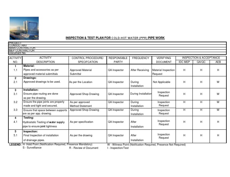Inspection & Test Plan For Cold-Hot Water (PPR) Pipe Work: 1 Material | PDF