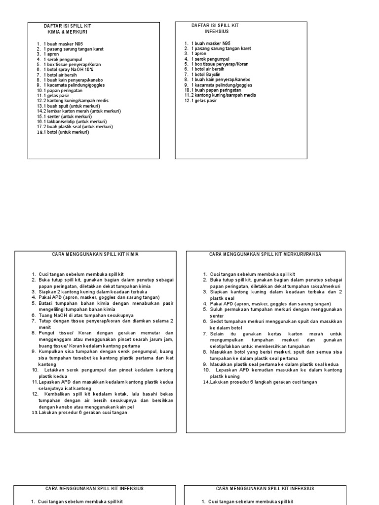 Daftar isi spill kit kimia dan infeksius | PDF