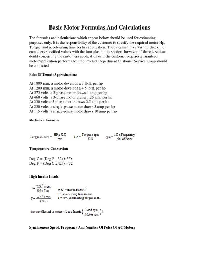 Basic-Motor-Formulas-And-Calculations.pdf | Horsepower | Torque