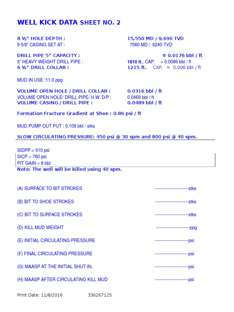 Well Kick Data: Sheet No. 2 | PDF