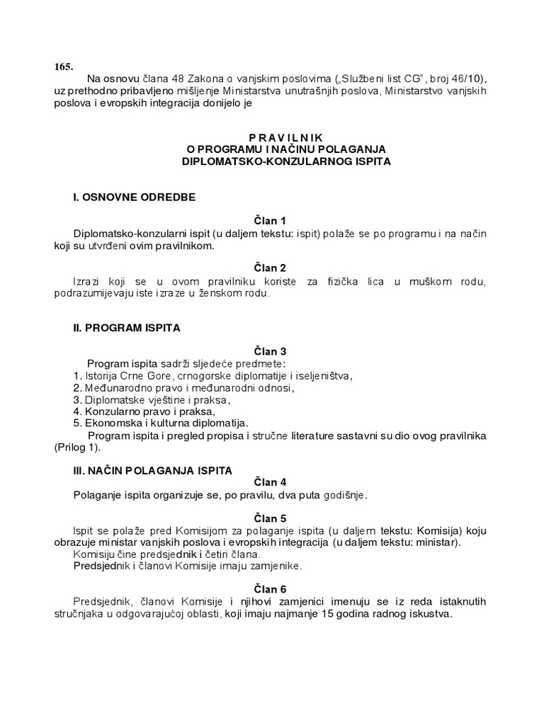 Pravilnik o Programu I Načinu Polaganja Diplomatsko-Konzularnog Ispita | PDF