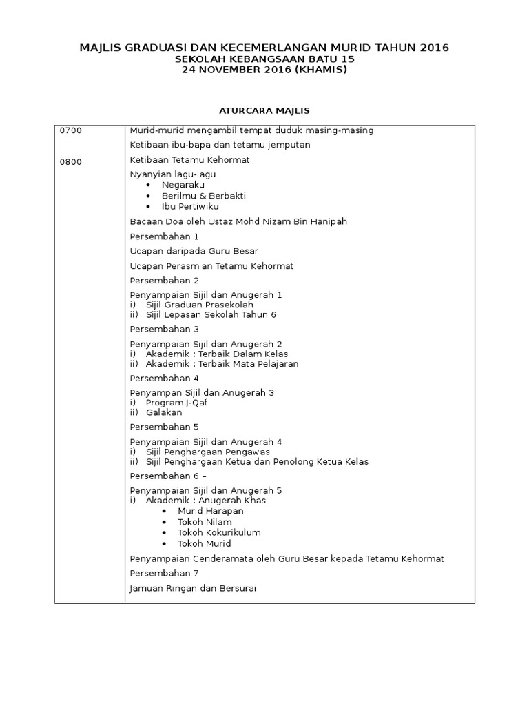 Contoh Aturcara Majlis Graduasi Dan Kecemerlangan Murid | PDF