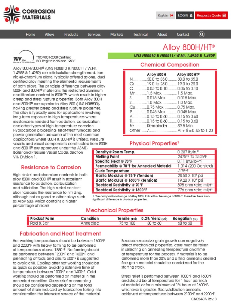Alloy 800 Data Sheet | Annealing (Metallurgy) | Titanium